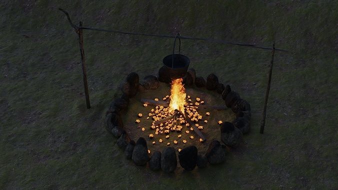 Bonfire with a rusty charred bowl 3D model | CGTrader