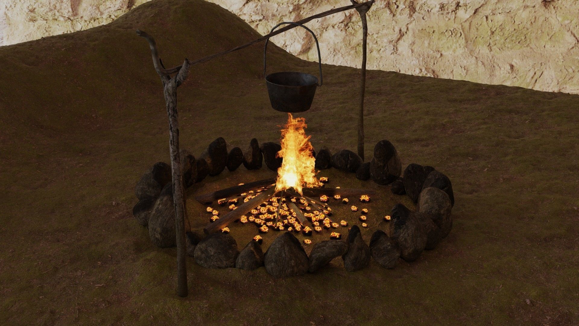 Bonfire with a rusty charred bowl 3D model | CGTrader