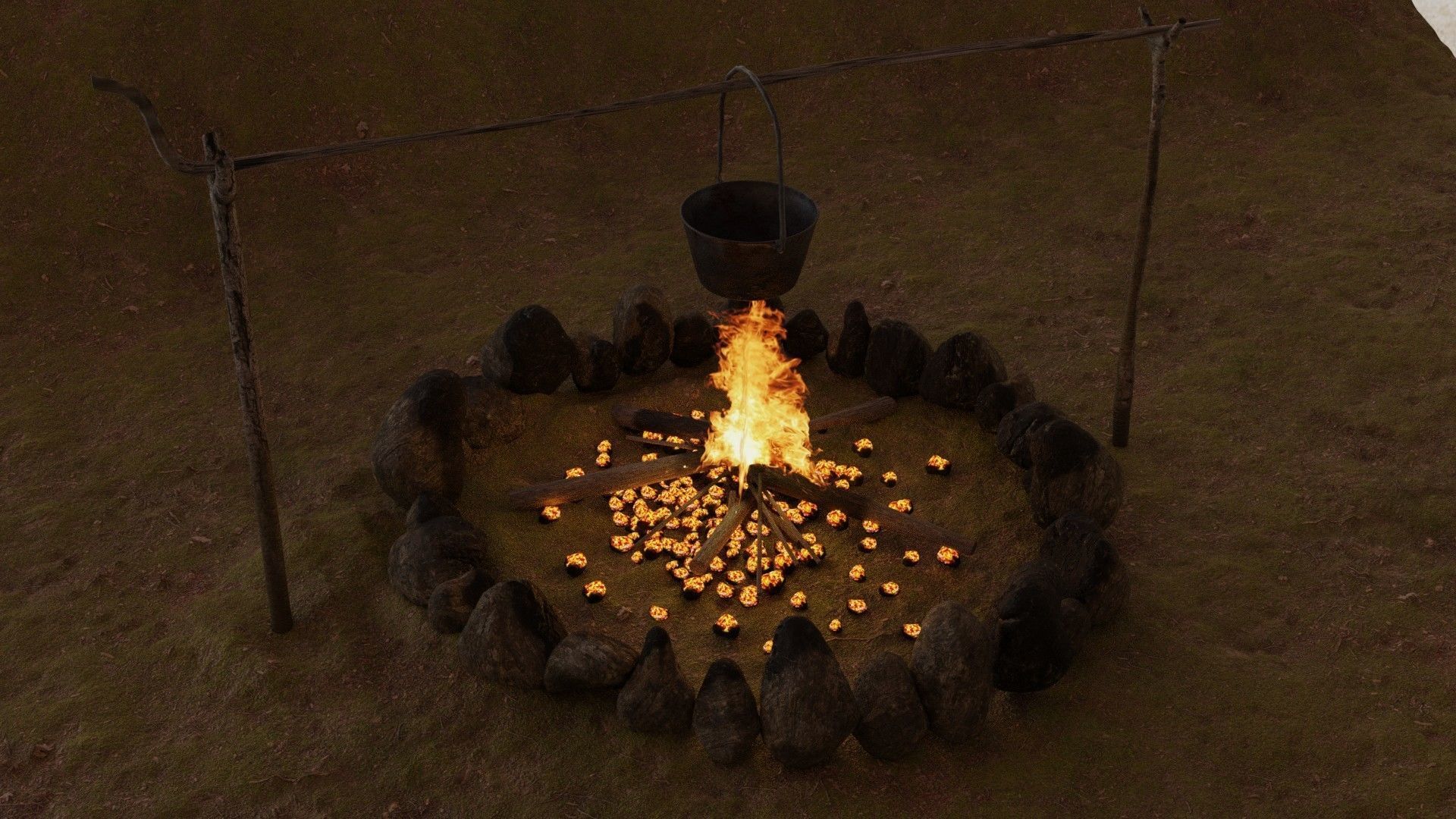 Bonfire with a rusty charred bowl 3D model | CGTrader