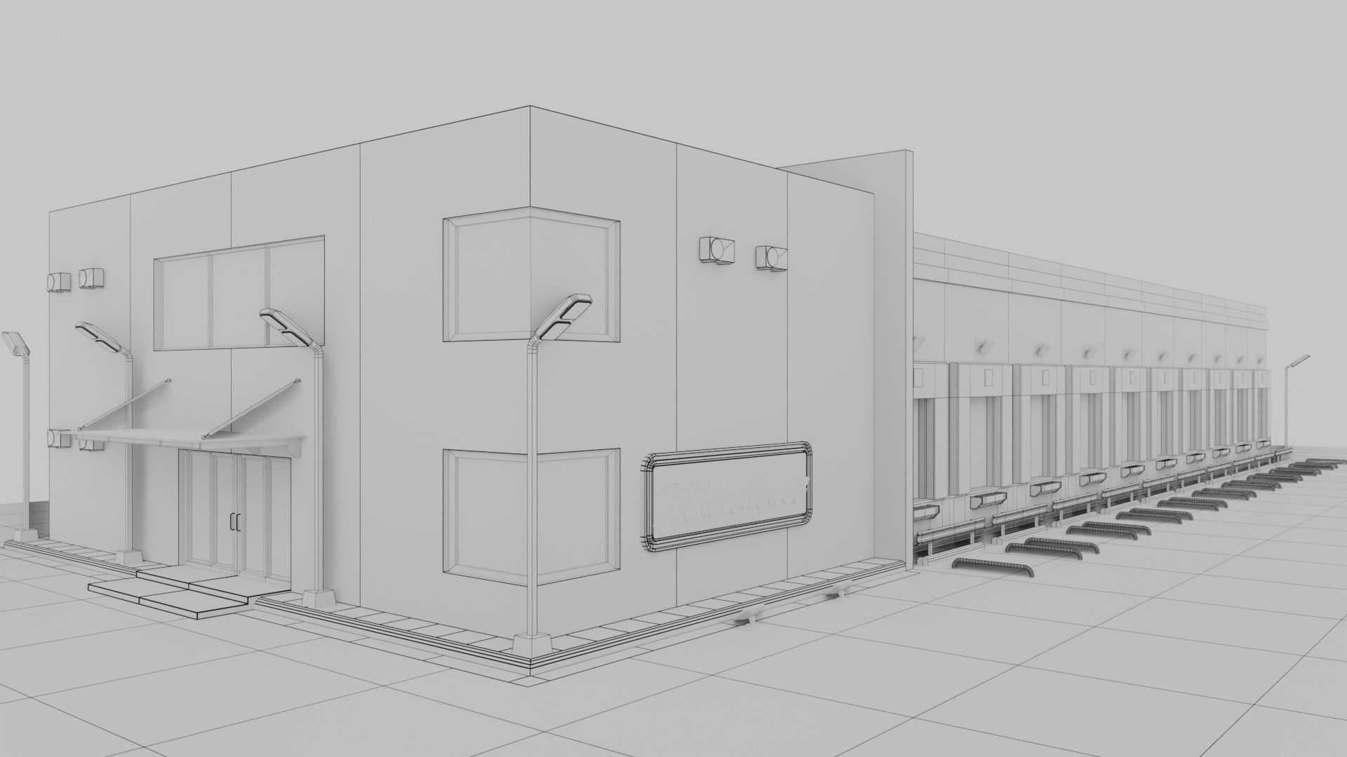 Warehause commercial building in middle of street 3D model | CGTrader