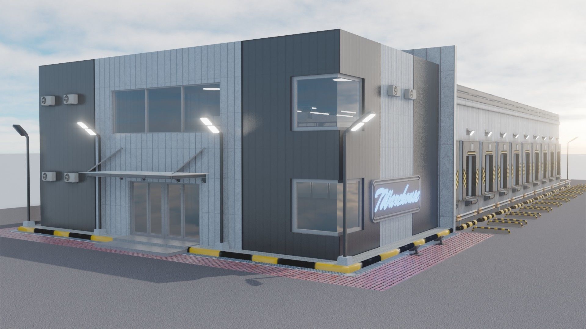 Warehause commercial building in middle of street 3D model | CGTrader
