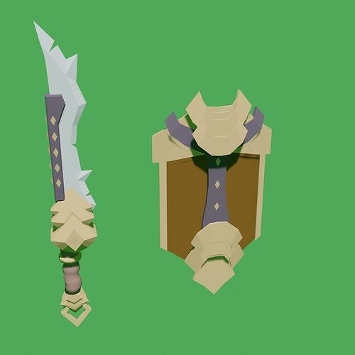 3D model Stylized low-poly sword and shield ready for games VR / AR ...