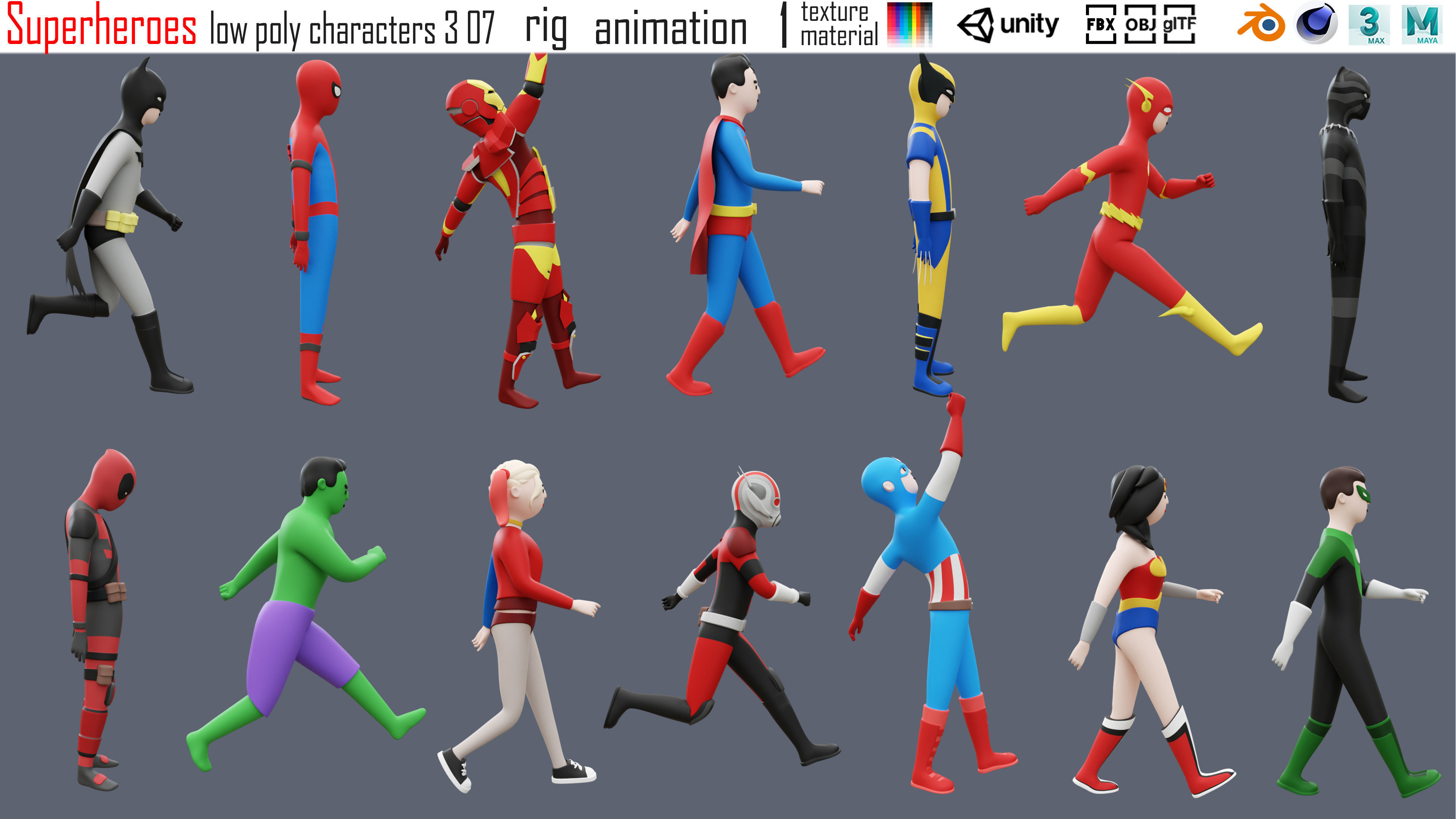 3D model superheroes characters 3 07 VR / AR / low-poly rigged animated ...