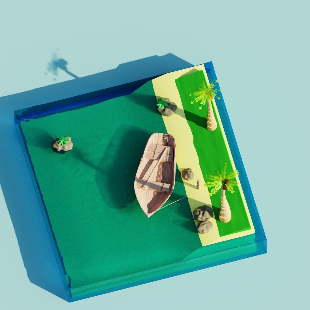 stylized ocean with boat and shore free 3D model 3D printable | CGTrader