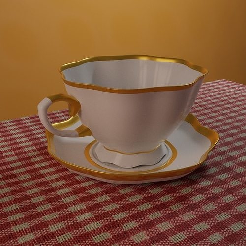 tea set cup and saucer on checkered tablecloth 3D model | CGTrader