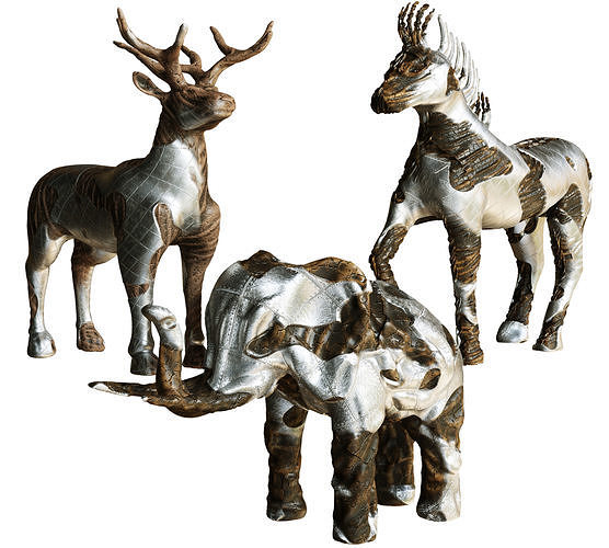Set of decorative figurines of animals with wood and metal 2 3D model ...