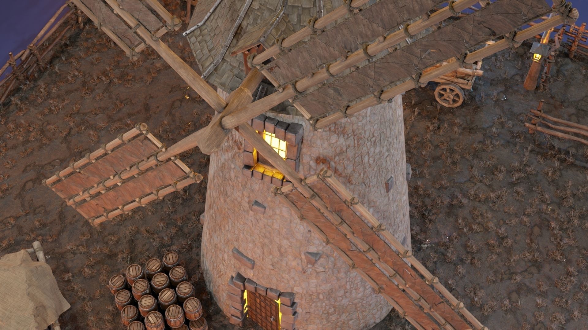 3D model Animated stylized medieval scene of a mill with props VR / AR ...