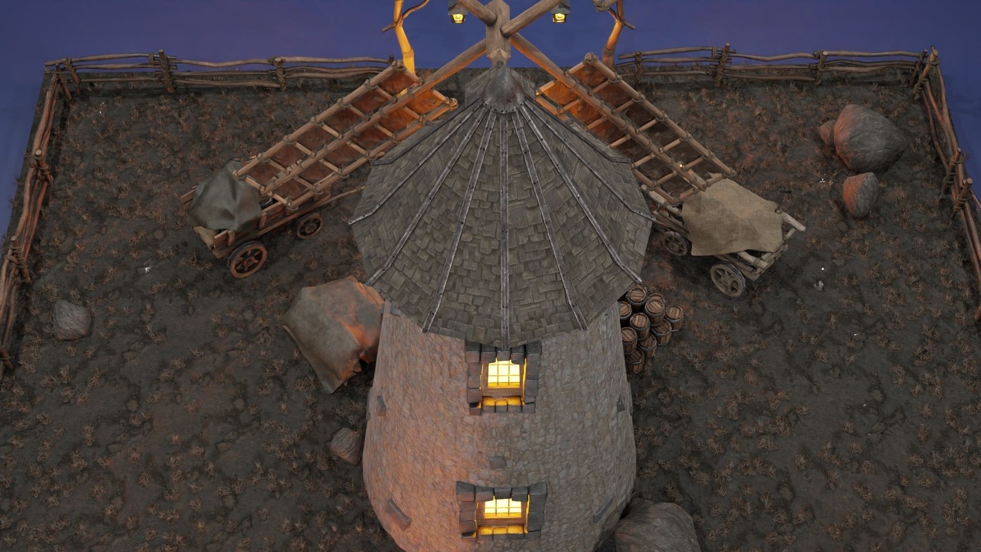 3D model Animated stylized medieval scene of a mill with props VR / AR ...