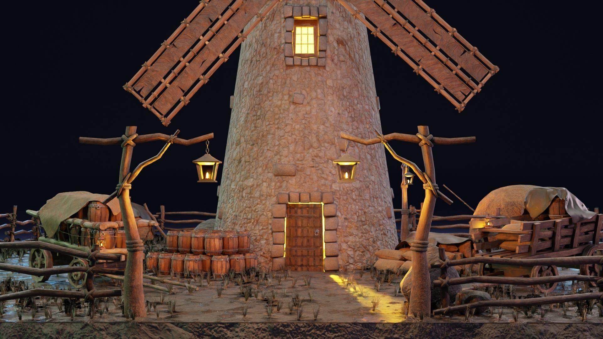 3D model Animated stylized medieval scene of a mill with props VR / AR ...