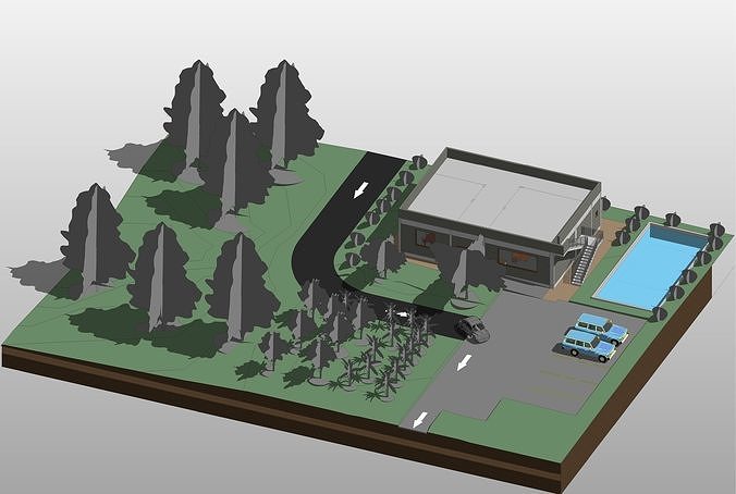 Resort house with swimming pool and parking and garden in Revit 3D ...