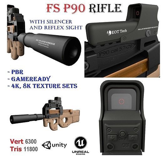 3D model INCREDIBLE FS P90 RIFLE with silencer and reflex sight VR / AR ...