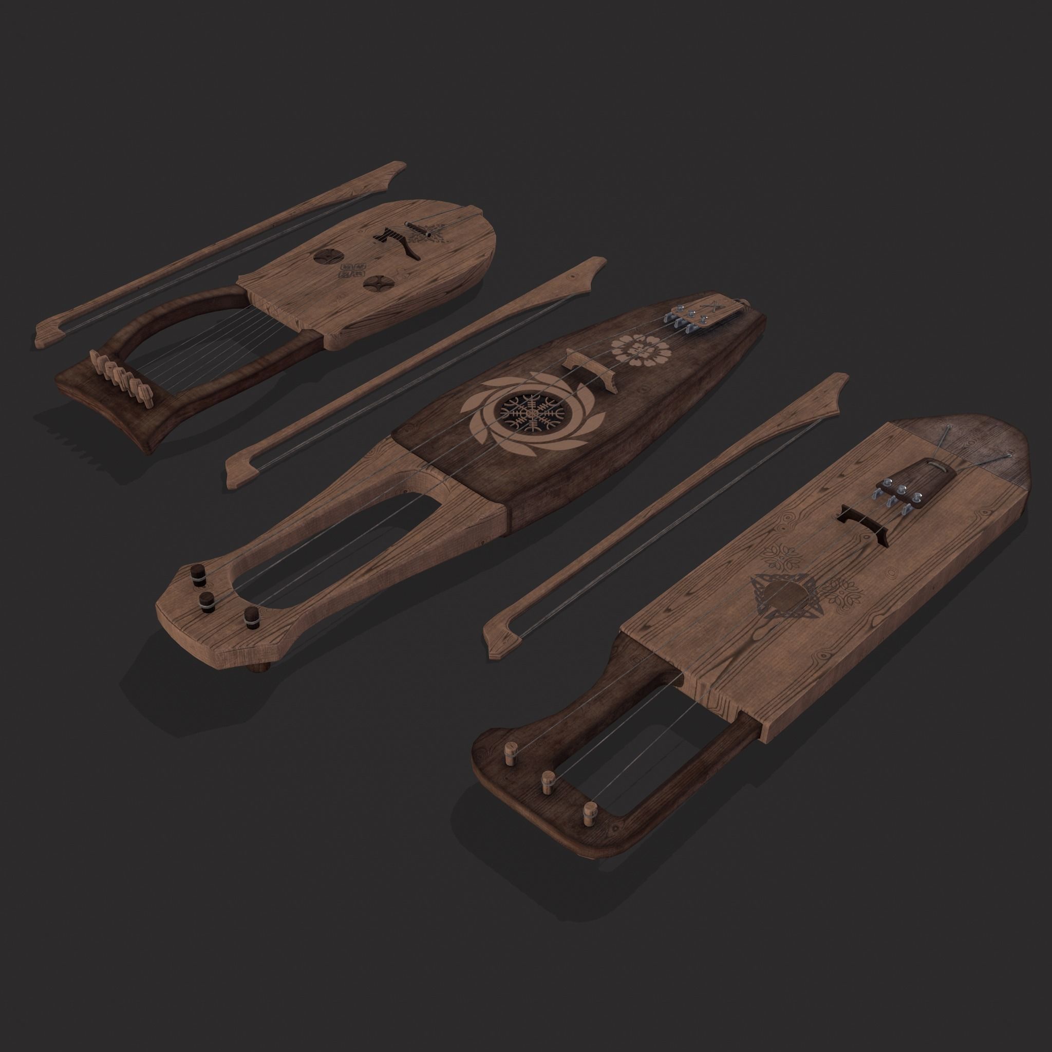 3D Model Collection Three Nordic String Instruments Pack VR / AR / low ...