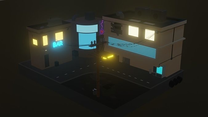 Low-poly street city at night with neon lights free VR / AR / low-poly ...