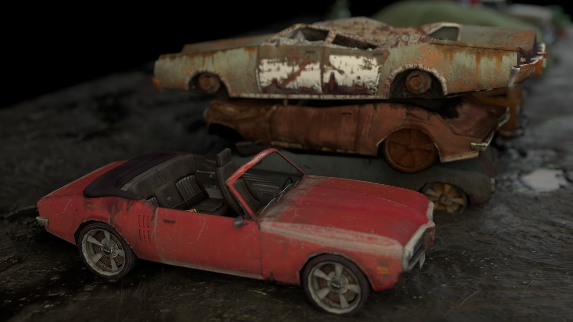 3D model Old Rusty cars in an abandoned parking lot pack VR / AR / low ...