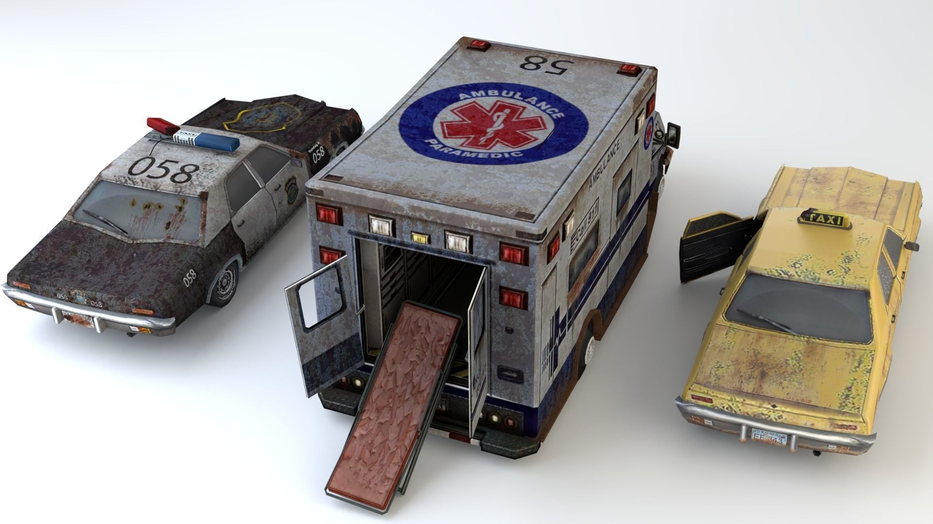 3D model Old Rusty ambulance police and taxi car mini pack VR / AR ...