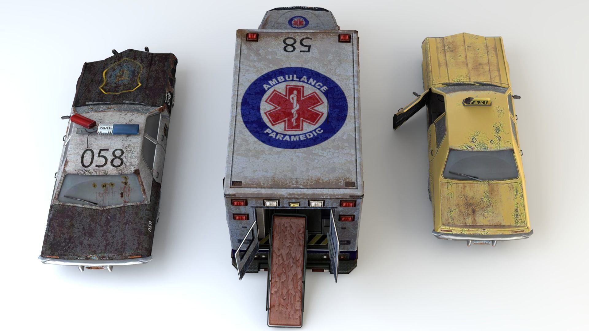 3D model Old Rusty ambulance police and taxi car mini pack VR / AR ...