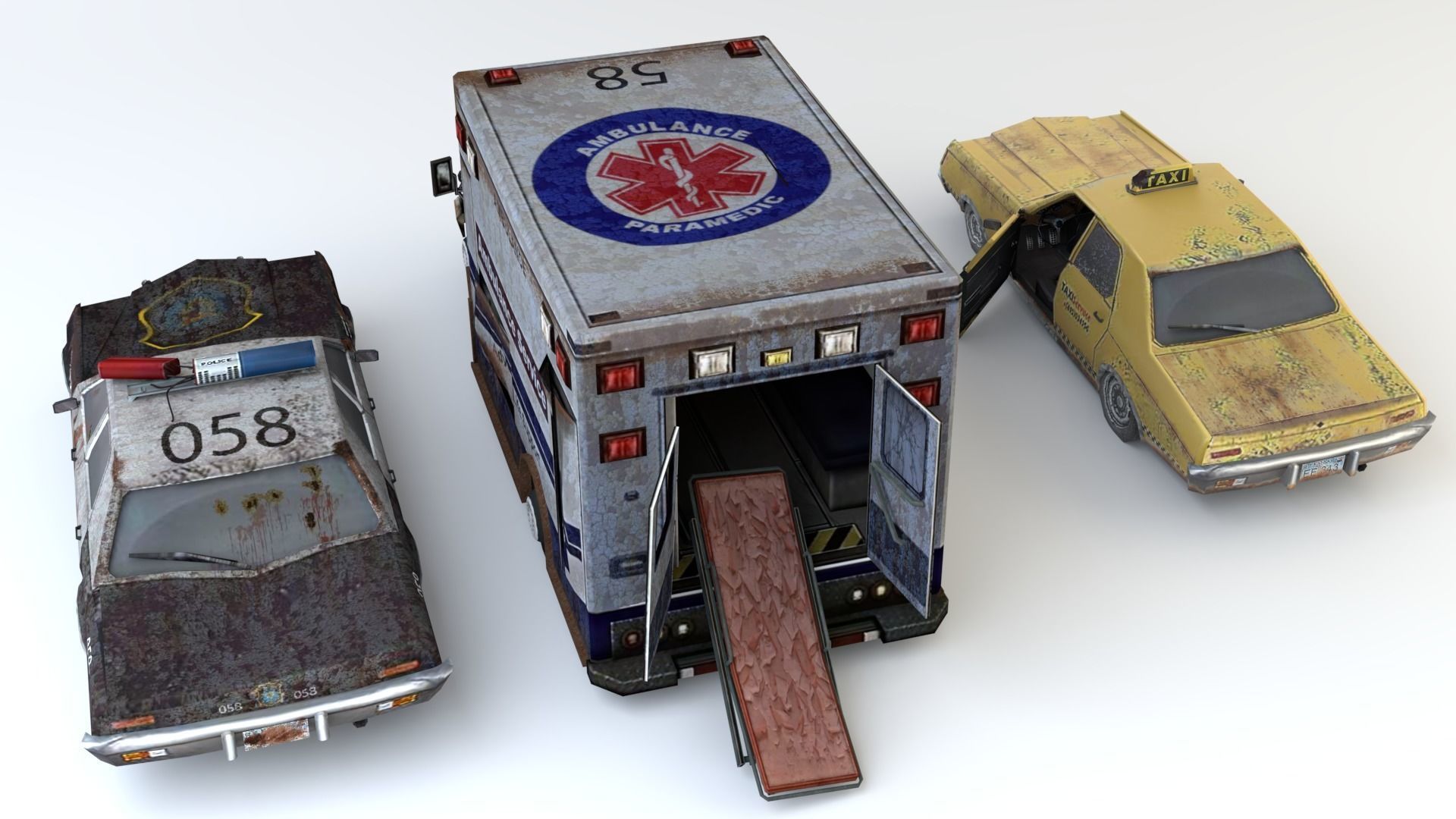 3D model Old Rusty ambulance police and taxi car mini pack VR / AR ...