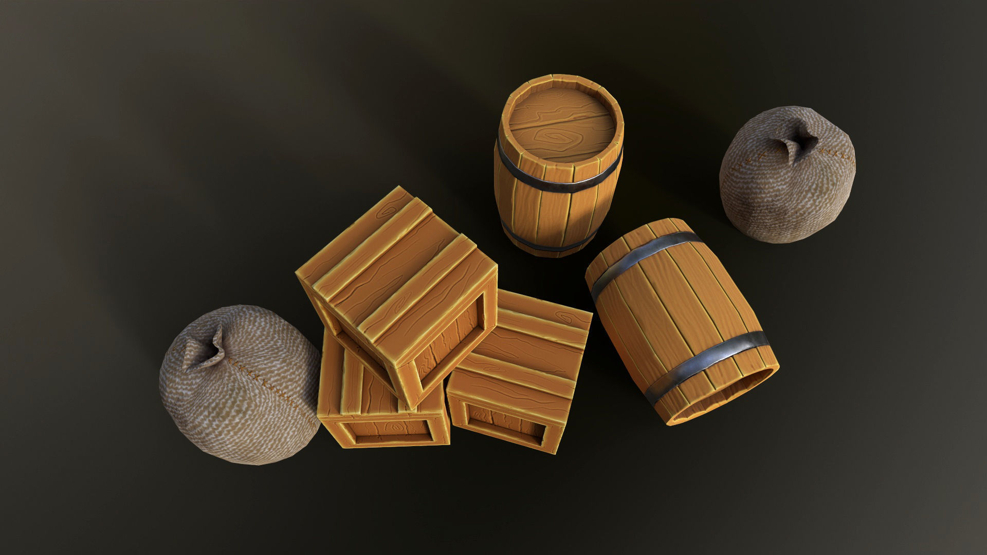 3D model Lowpoly stylized container game asset with barrel box and sack ...