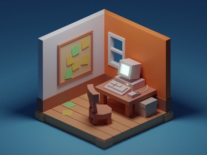 Low Poly Office room with computer and lamp 3D model | CGTrader