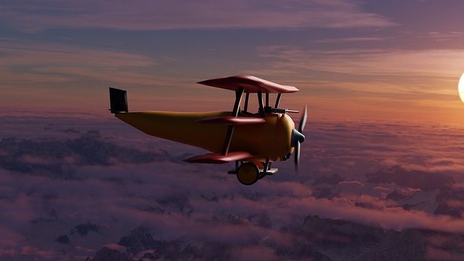 3D model airplane low poly biplane flying above clouds VR / AR / low ...