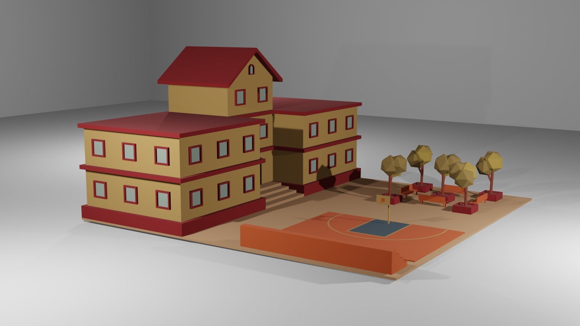 3D model Low Poly School house with trees VR / AR / low-poly | CGTrader