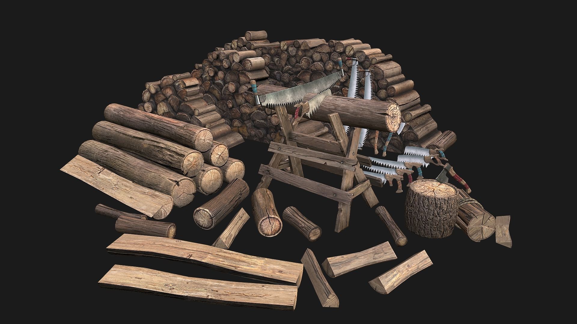 3D model Large Set of Lumberjack and Firewood VR / AR / low-poly | CGTrader