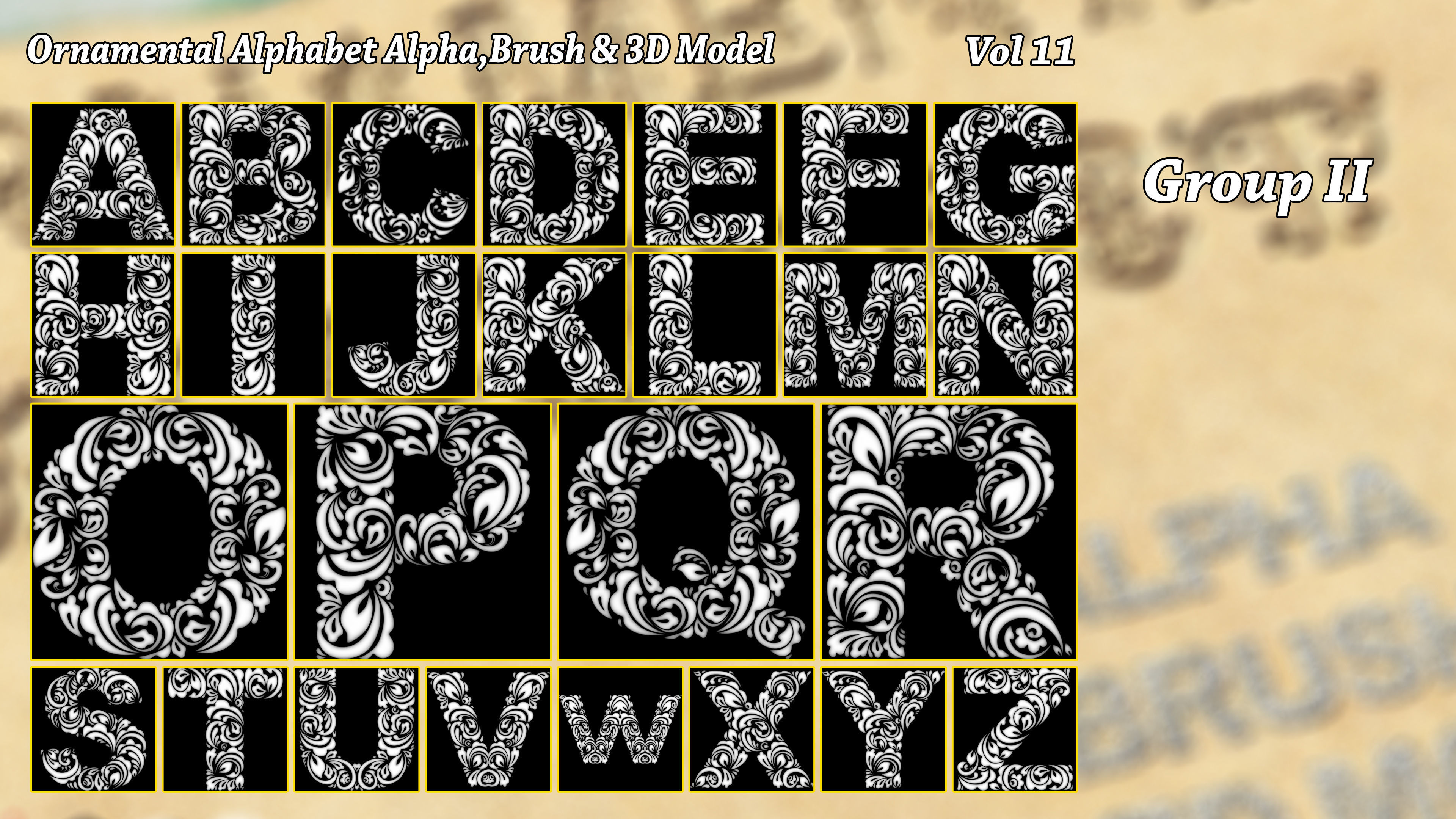 Ornamental Alphabet Brush Alpha and 3D Model Vol 11 3D model | CGTrader