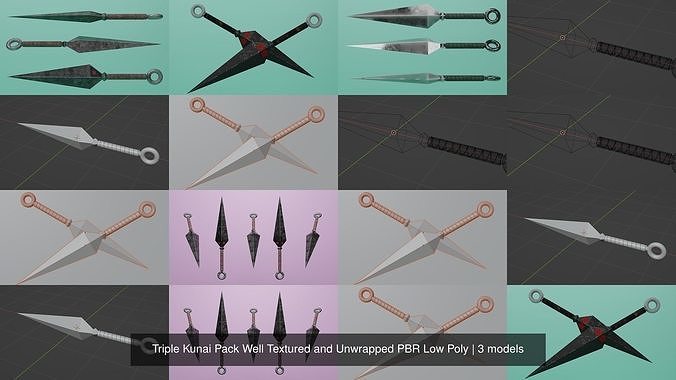 Triple Kunai Pack Well Textured and Unwrapped PBR Low Poly 3D Model ...