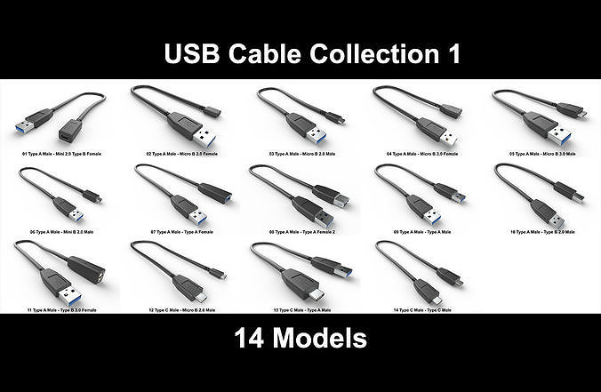 Usb Cable Collection 1 - 14 Types | CGTrader