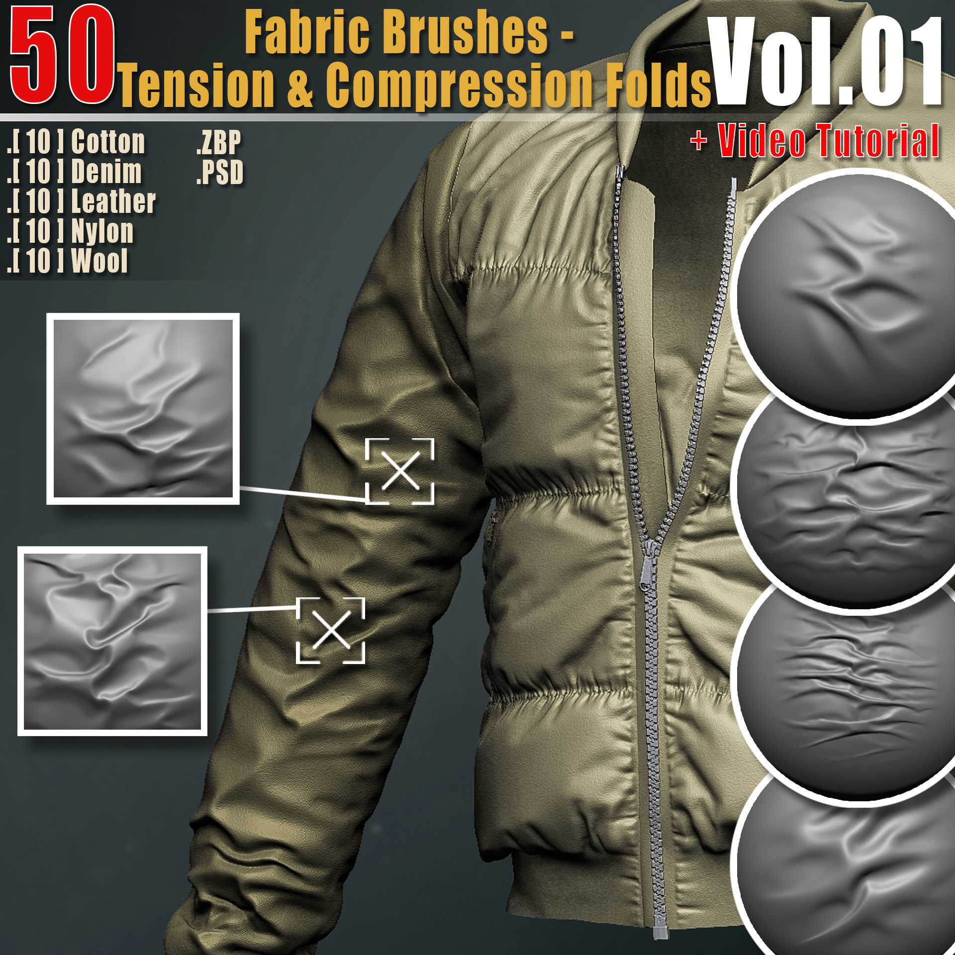 50 Fabric Brushes Tension Compression Folds Vol01 3D model | CGTrader