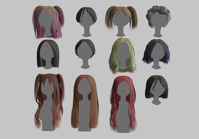 3D model hairstyles collection different colored hairs VR / AR / low ...