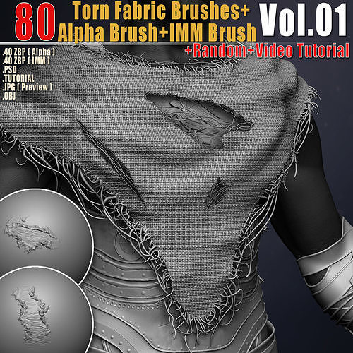 80 Torn Fabric Brushes Alpha IMM BrushVol01 3D model | CGTrader