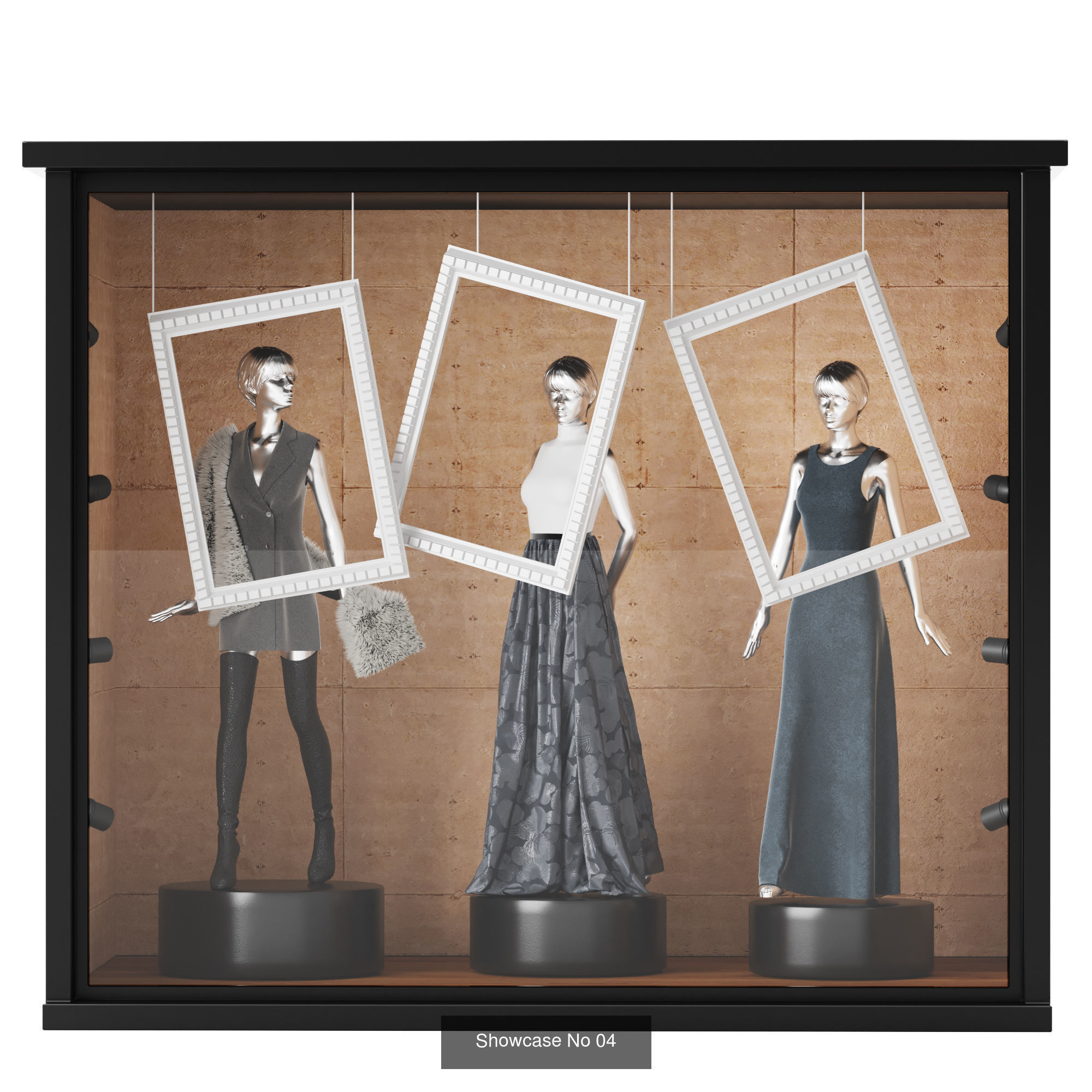 Showcase collection three mannequins in display case | CGTrader