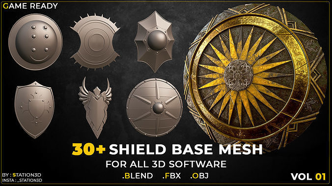 3D model 30 Shield Base Mesh Vol-01 Game Ready VR / AR / low-poly ...