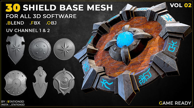 3D model 30 Shield Base Mesh Vol-02 Game Ready VR / AR / low-poly ...