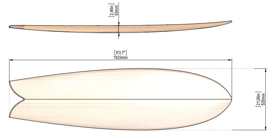 FishTemplate-Board diagram showing measurements of surfboard free 3D ...