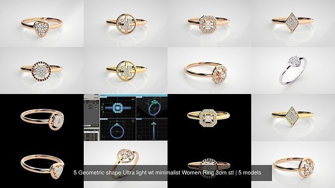5 Geometric shape Ultra light wt minimalist Women Ring 3dm stl 3D Model ...