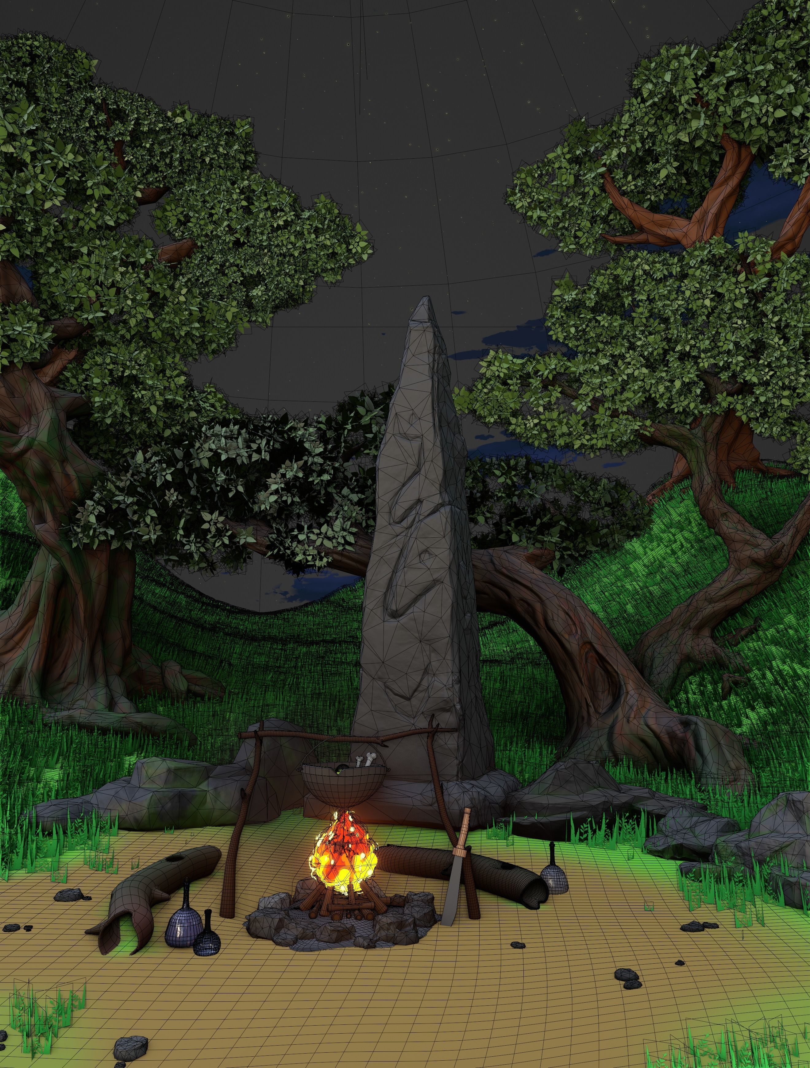 3D model Cartoon Forest - trees grass plant and rocks LOW-POLY 3d model ...