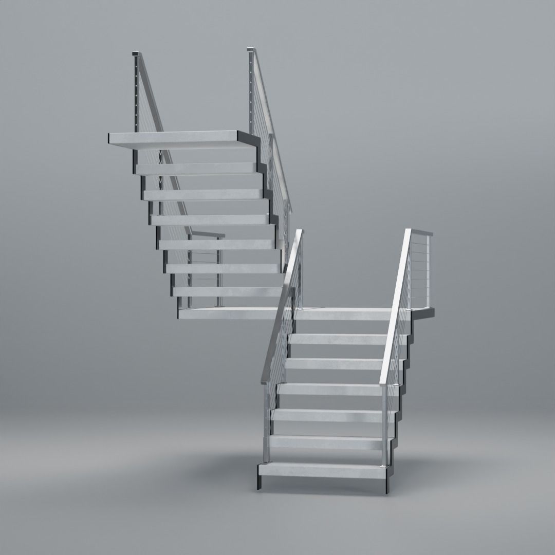 3D model U shaped stairs with concrete steps and stainless steel ...