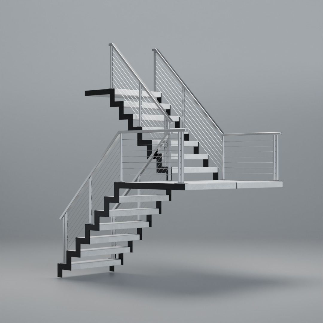 3D model U shaped stairs with concrete steps and stainless steel ...