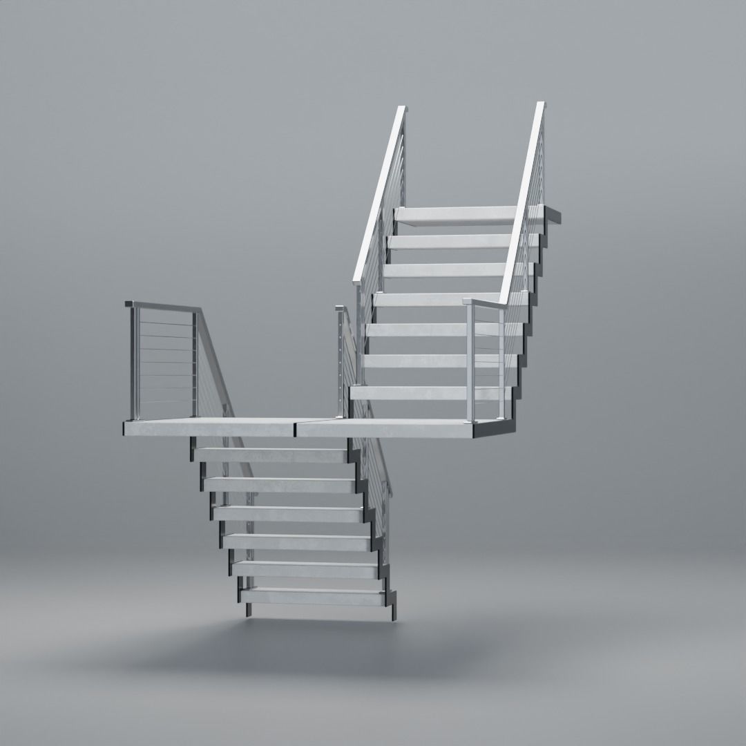3D model U shaped stairs with concrete steps and stainless steel ...