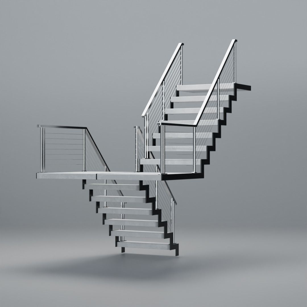 3D model U shaped stairs with concrete steps and stainless steel ...