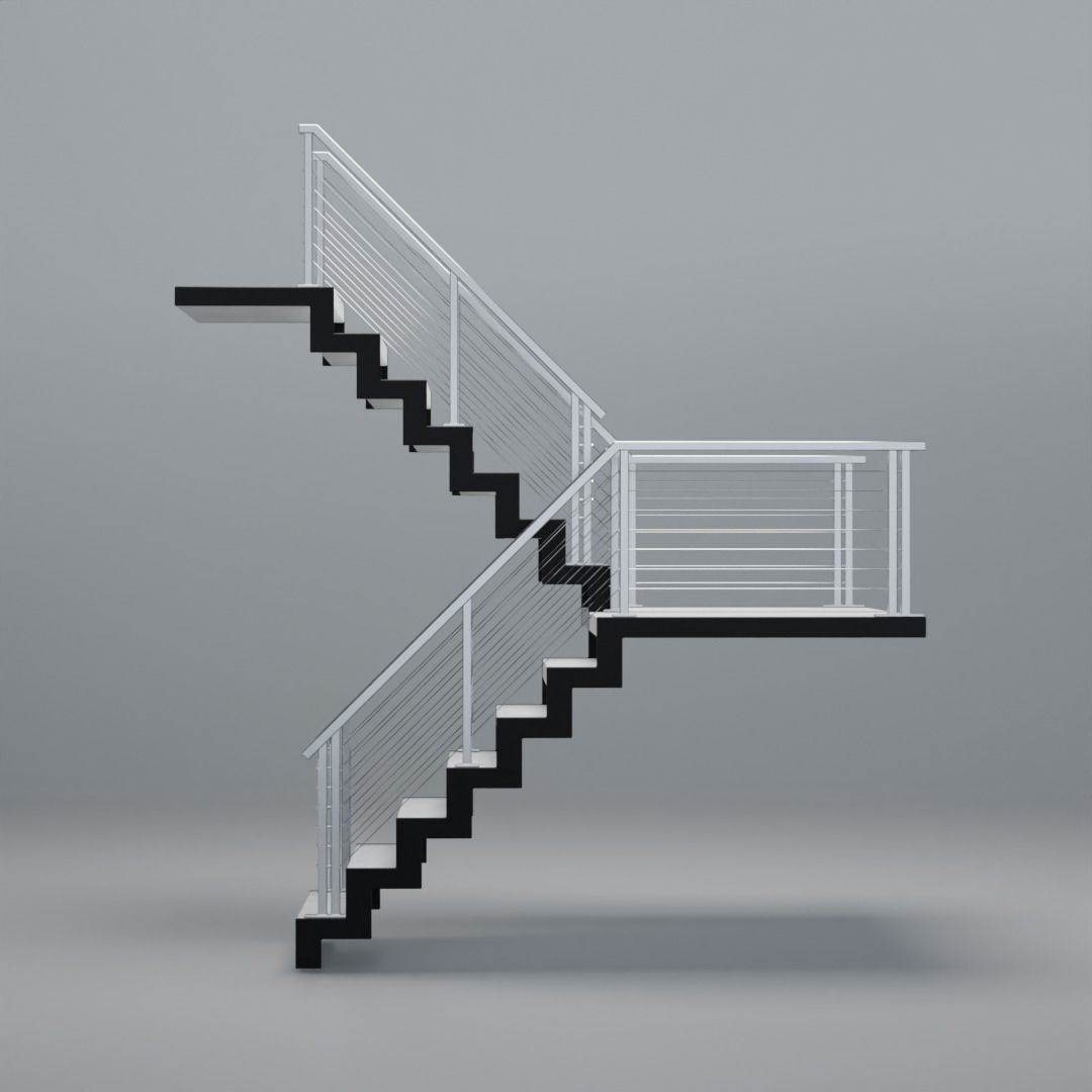 3D model U shaped stairs with concrete steps and stainless steel ...