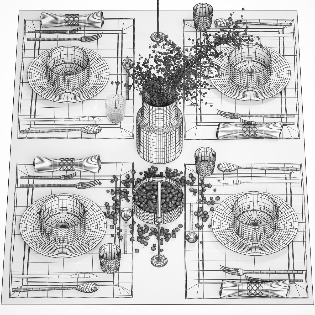 Table setting with a bouquet of blueberry branches 3D model | CGTrader