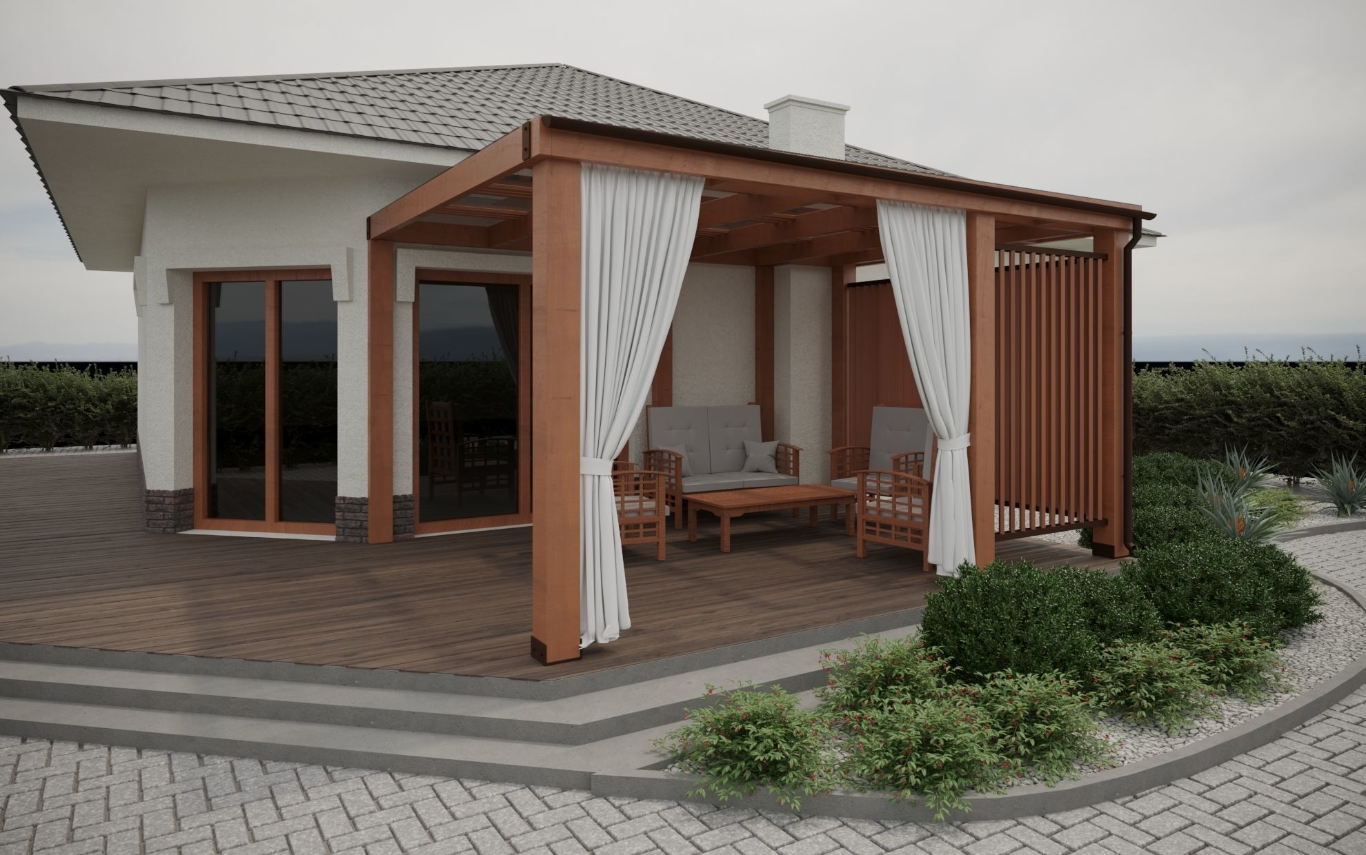 Garden Wooden Alcove with set of Chairs and Table 3D model | CGTrader