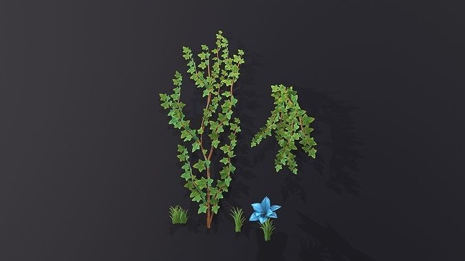 3D model Game asset of stylized lowpoly ivy grass and flower plants VR ...