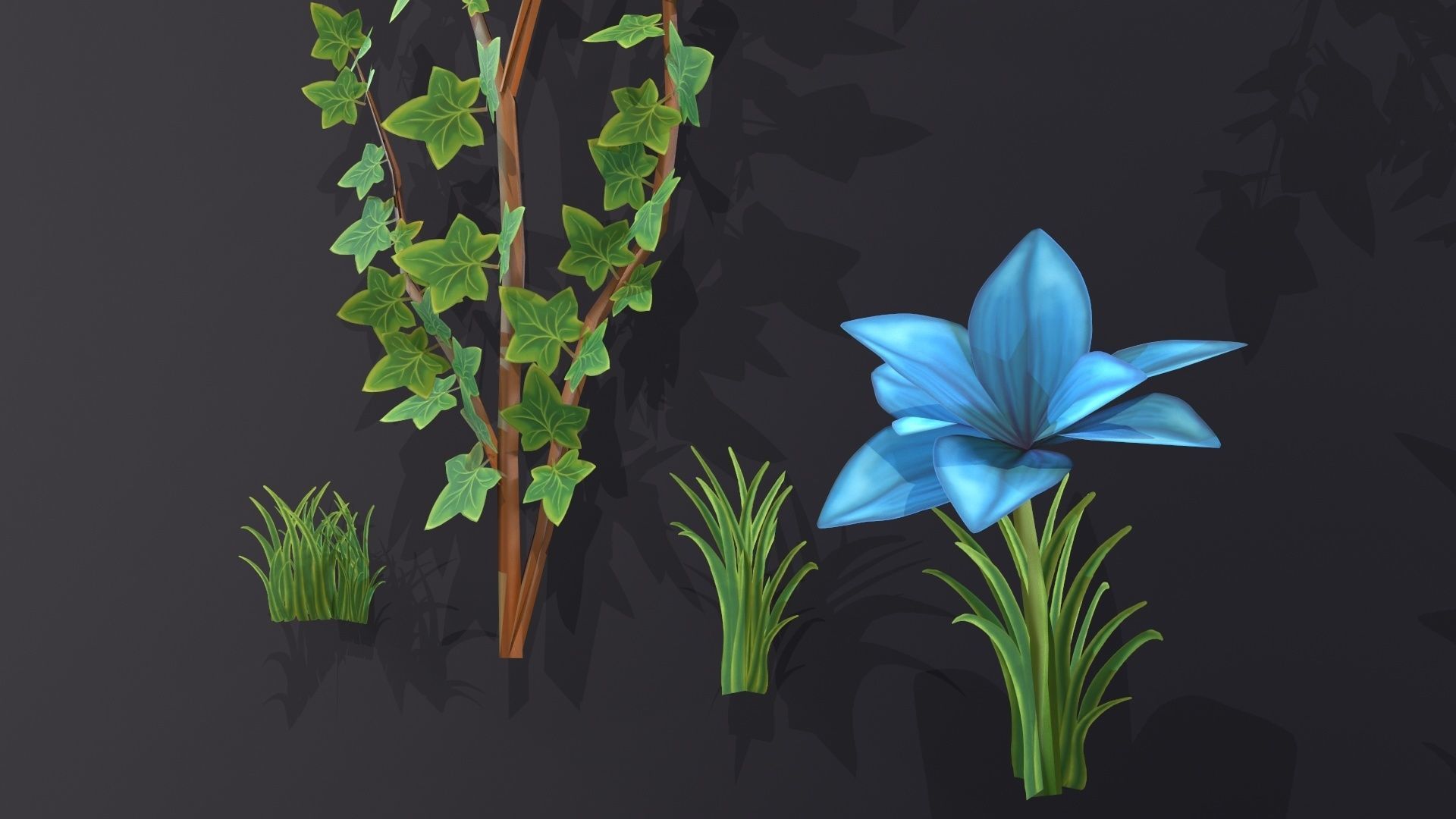 3D model Game asset of stylized lowpoly ivy grass and flower plants VR ...