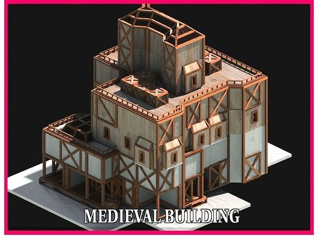 3D model Medieval Low Poly Building Castle Wooden Village Stone House ...