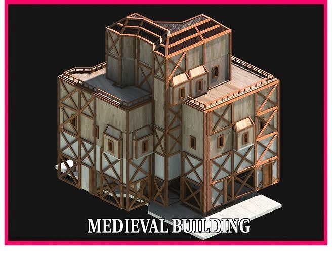 3D model Medieval Low Poly Building Castle Wooden Village Stone House ...