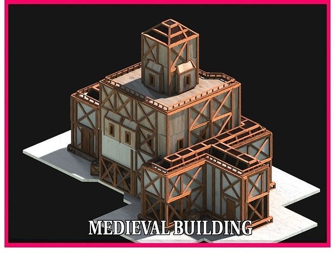 3D model Medieval Low Poly Building Castle Wooden Village Stone House ...